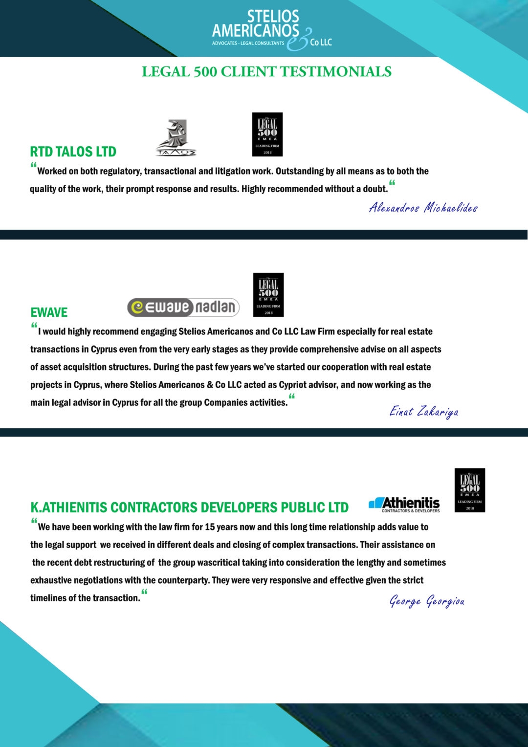 Legal 500 - Client Testimonials | Stelios Americanos